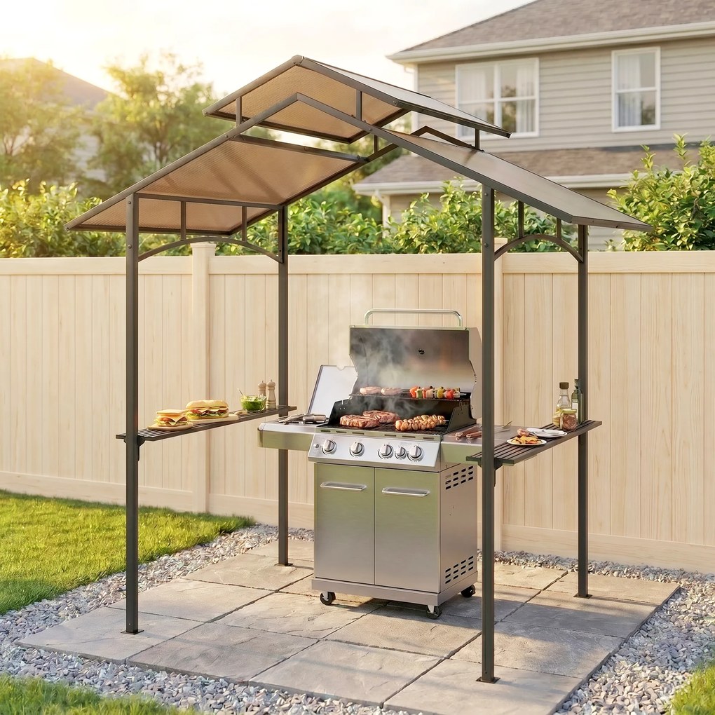 Outsunny Altánek na gril s ohnivzdornou střechou, BBQ altánek se 2 policemi, 2,5 x 1,5 m, ocelový, PC, Černá + Hnědá