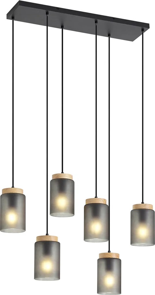 Moderne hanglamp zwart met hout en mat grijs glas 6-lichts - Umbra