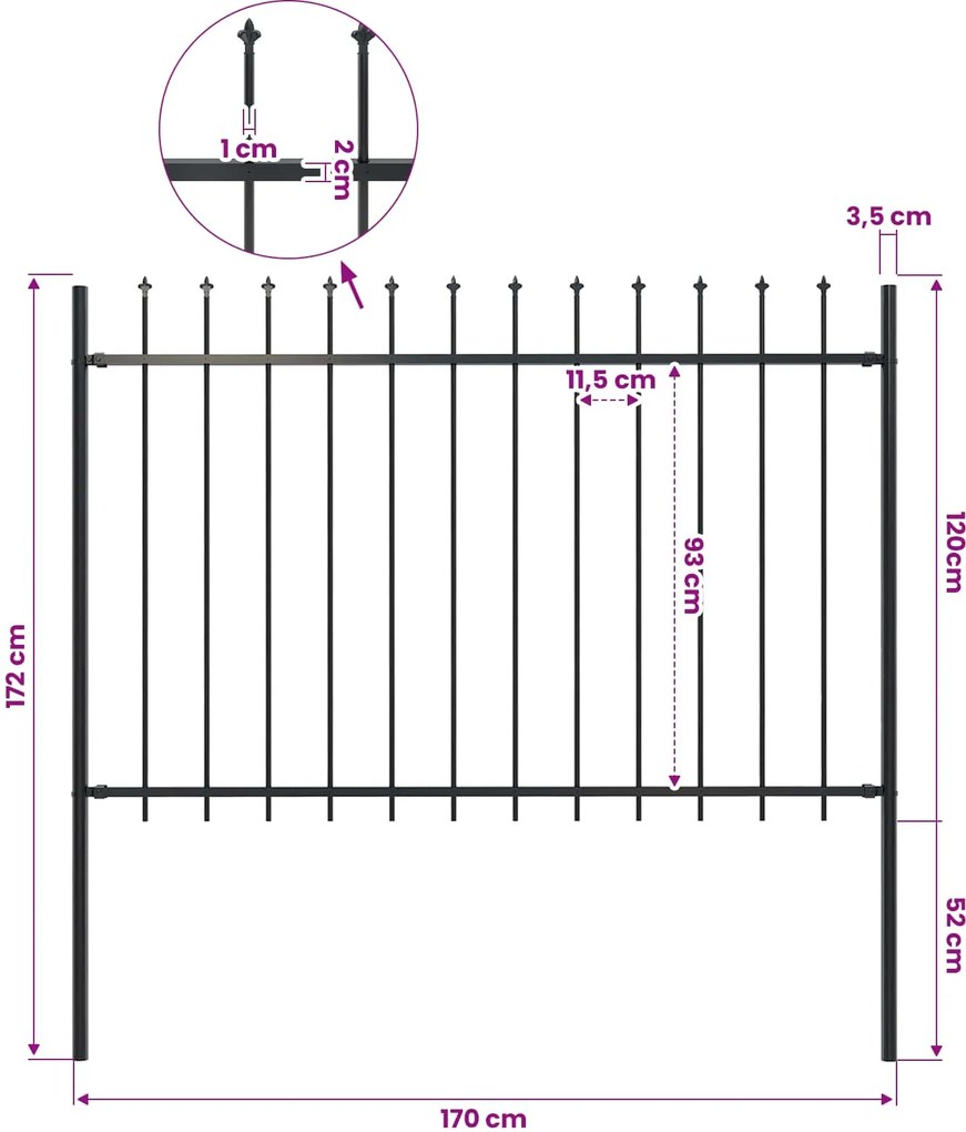 Zahradní plot Woerden s kopím nahoře ocelový 170 x 120 cm černý 144926
