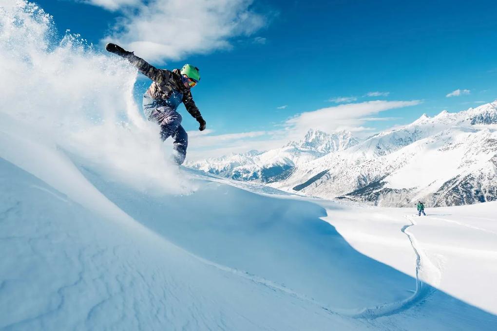 DIMEX | Samolepicí vliesová fototapeta na zeď Jízda snowboardisty MA-5-1575 | 375 x 250 cm | modrá, bílá