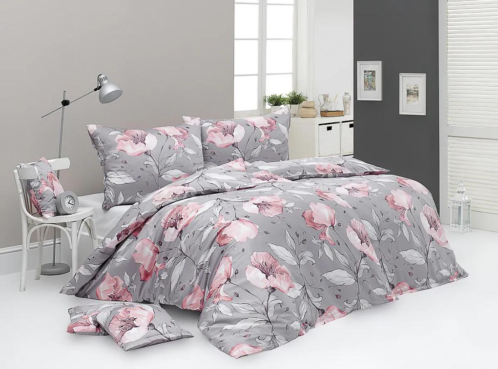 Matějovský povlečení AMABEL, růžové květy na šedé, bavlna hladká, 140x200cm + 70x90cm
