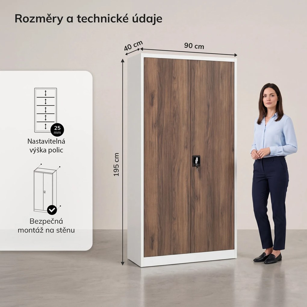 Kovová kancelářská skříň na dokumenty bílá / ořech, 900x1950x400 mm: JAN H Eco Design