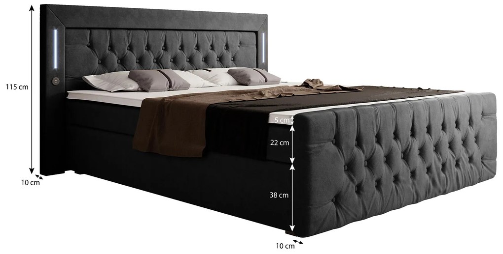 K&M postele Boxspring postel ELEGANCE s úložným prostorem, LED a USB Velikost postele: 160 × 200 cm, Výběr matrace: Taštičková zónová matrace - měkká…