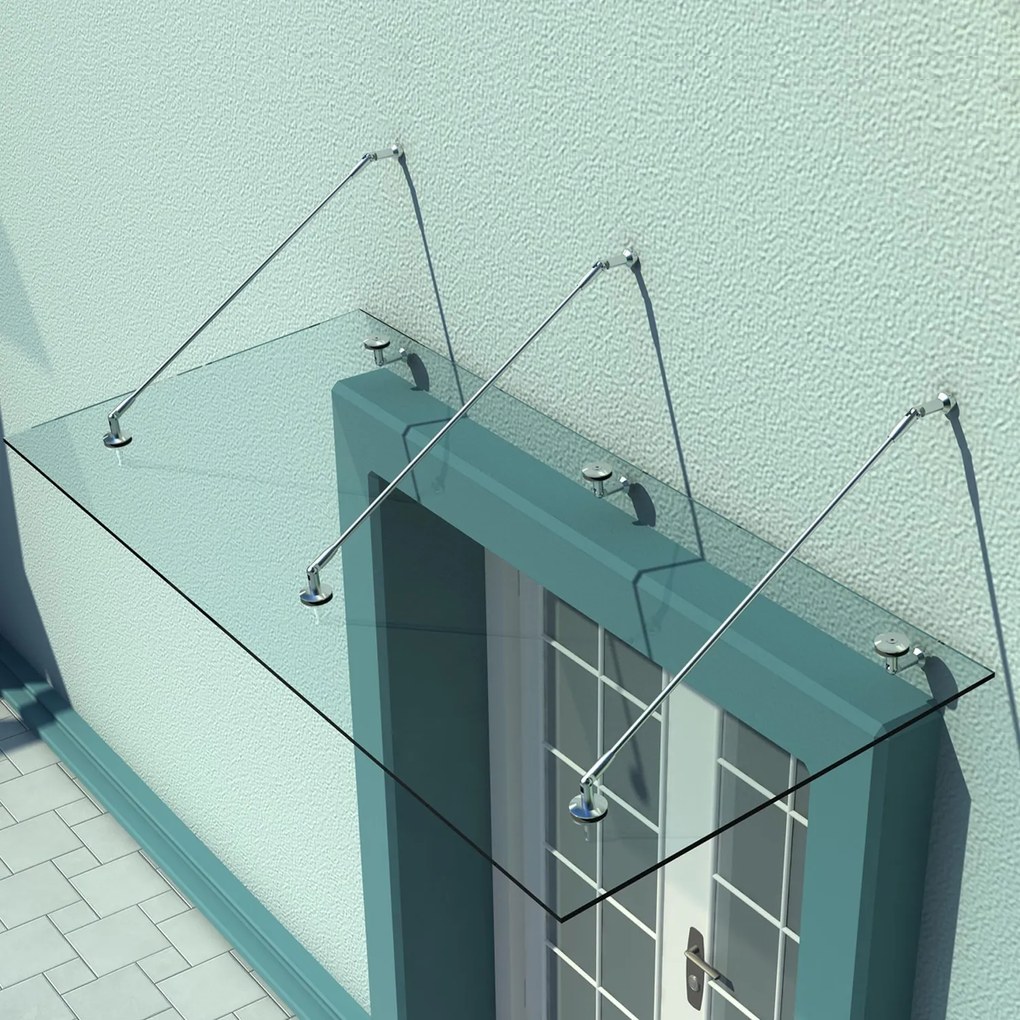 HOMCOM stříška skleněná stříška dveří z tvrzeného skla (ESG) nerezová ocel čiré sklo 3 velikosti (200x90cm) (L) | Aosom
