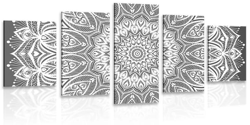 5-dílný obraz Mandala harmonie v černobílém provedení - 200x100 cm