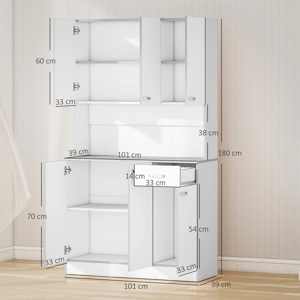 HOMCOM Moderní kuchyňský bufetový kabinet s vícero úložnými prostory, 6 dveří, 1 šuplík + velká pracovní deska, rozměry 101L x 39W x 180H cm v bílé a