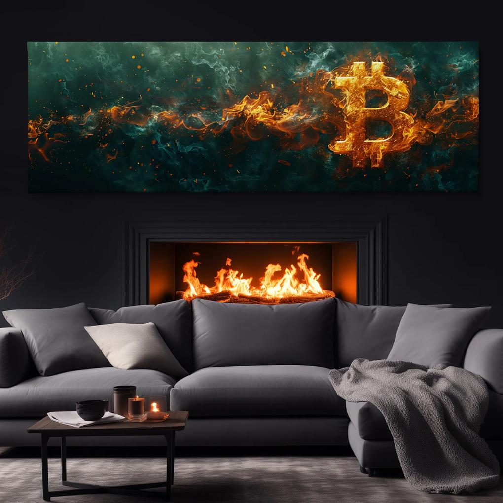 Obraz na plátně - Bitcoin in Fire Emerald FeelHappy.cz Velikost obrazu: 240 x 80 cm