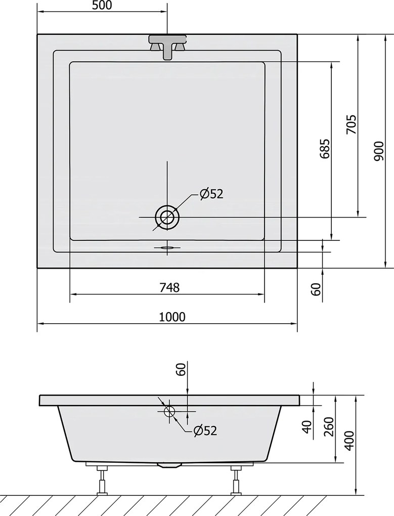 Polysan DEEP 100 x 90 x 26 cm 72349 sprchová vanička s konstrukcí