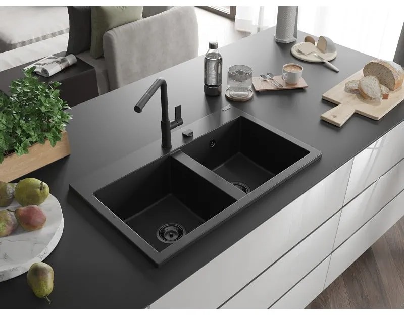 Mexen Hektor, 2-komorový granitový dřez 800x480x205 mm, černá, grafitový sifon, 6521802000-77-B