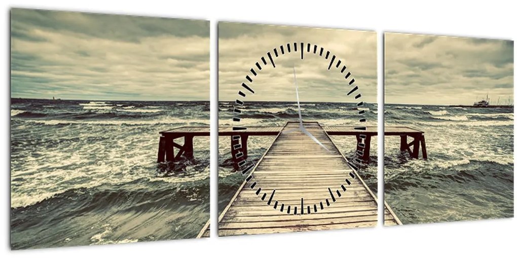 Obraz dřevěného mola na moři (s hodinami) (90x30 cm)