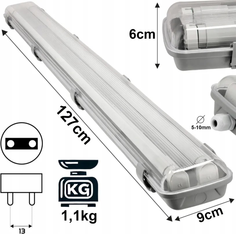 Hermetické svítidlo 120cm lampa + 2x LED trubice Voděodolné 6000K studená teplota