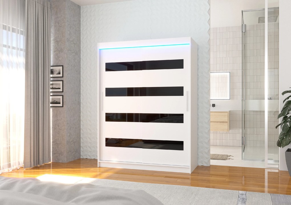 ADRK Furniture Posuvná skříň s lacobelem a LED osvětlením MARTINEZ 150 ADRK-SW-MAR-WBL-150-L