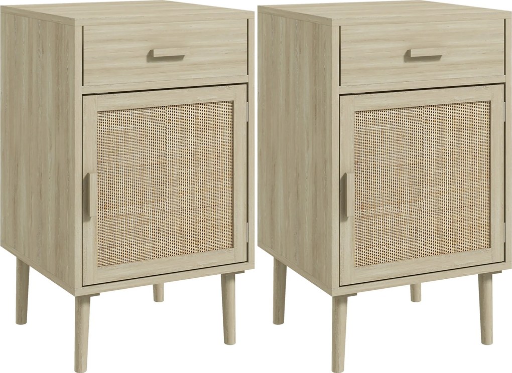 HOMCOM Set 2 nočních stolků s ratanovým šuplíkem a nastavitelnou policí do ložnice nebo obývacího pokoje 40x40x68,5 cm Dub | Aosom