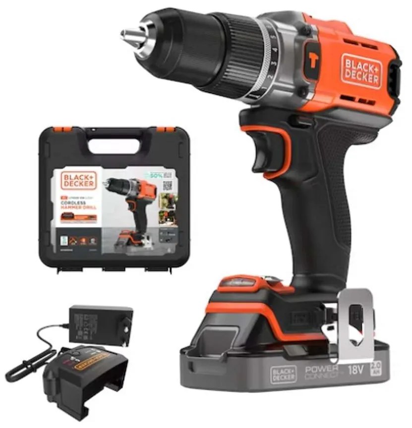 BLACK+DECKER Nářadí - 18V AKU vrtačka s příklepem, 1x aku 2,0 Ah Li-Ion, nabíječka BCD383D1XK-QW