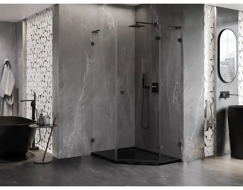 Mexen Lunar, L pravý výklopný pětiúhelníkový sprchový kout 80 x 90 cm, 8mm čiré sklo, černý profil, 831L-080P-090L-70-00-P