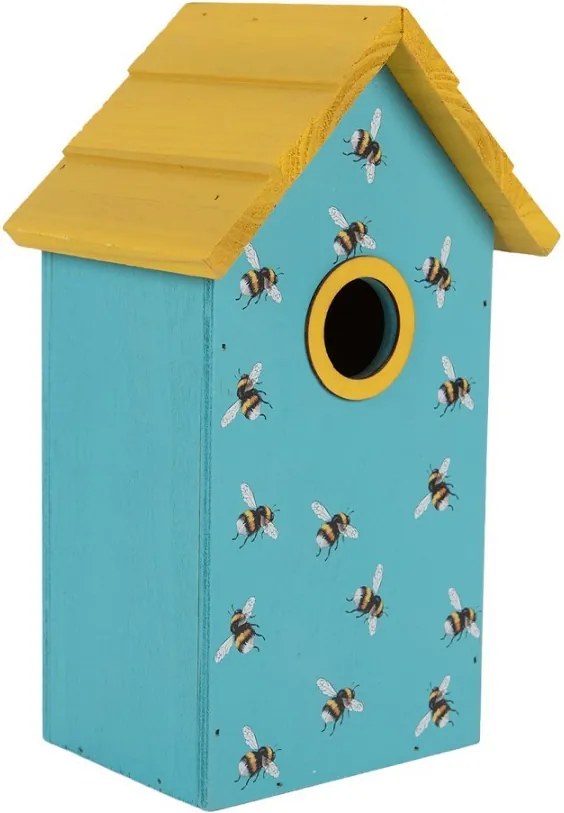 Modro-žlutá dřevěná ptačí budka se včelkami Birdhouse - 15*10*22 cm