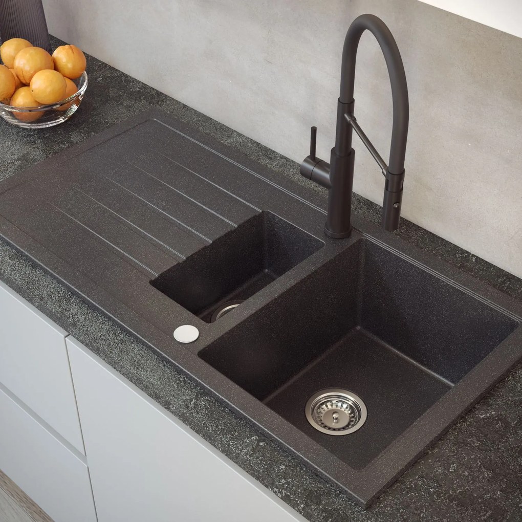 Černý 1,5 komorový kuchyňský granitový dřez QUADRON BRUCE 156 bez baterie