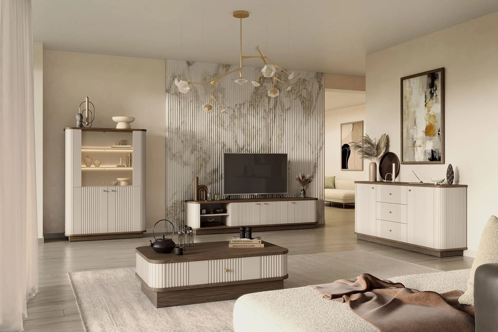 TV stolek Vesper 3D 187 cm - kašmír / ořech / zlaté úchyty