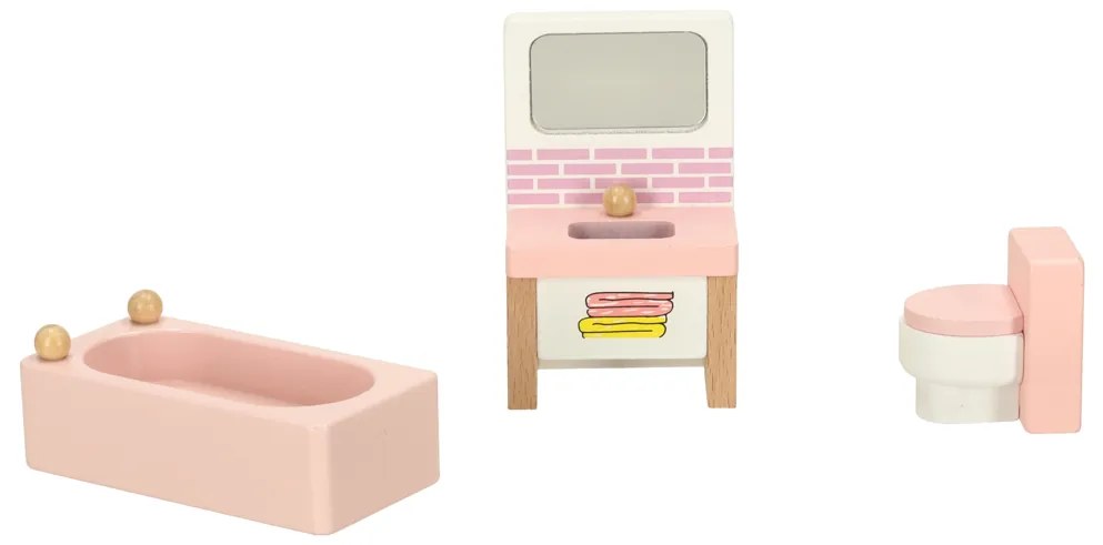 Creative Corner Domeček pro panenky nábytek obývací pokoj ložnice koupelna kuchyně dřevěný růžový