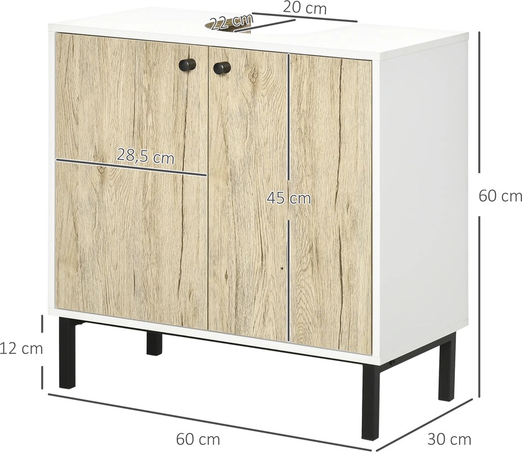 kleankin Skříňka pod umyvadlo pro moderní umyvadla s kovovými nohami a dvojitými dveřmi 60 x 30 x 60 cm - Bílá a dřevěná barva