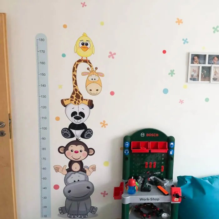 INSPIO Dětské samolepky na zeď - Modrý dětský metr s veselými zvířatky (180 cm)