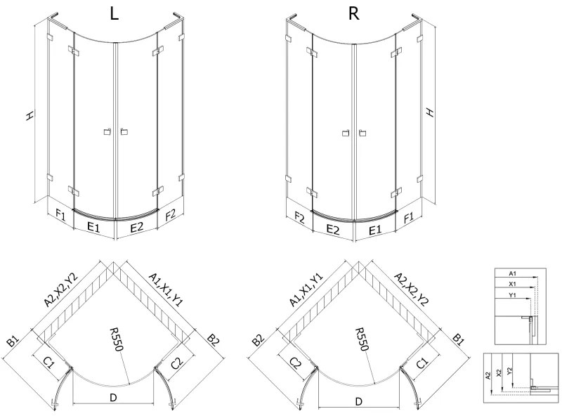 Mexen Lunar, L výklopný půlkruhový sprchový kout 100 x 100 cm, 8mm čiré sklo, zlatý matný profil, 833L-100L-100P-55-00