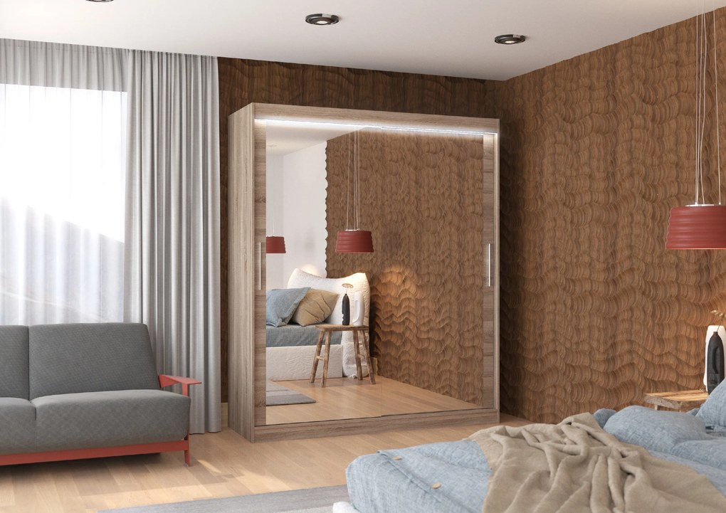 ADRK Furniture Posuvná skříň se zrcadlem a LED osvětlením ETTORE 180 SW-ETT-T-180+L-V285
