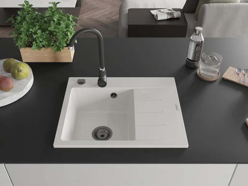 Mexen Ben, 1-komorový granitový dřez 600x500x190 mm, levý + černý sifon, bílá, 6522605000-20-B