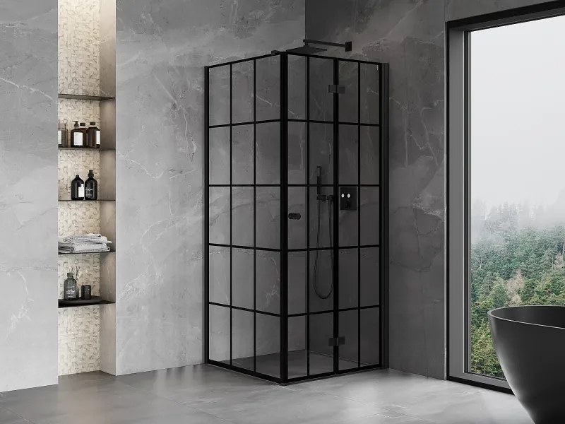 Mexen Mist-F T, 1-křídlý skládací sprchový kout pravý 70 x 70 cm, čiré sklo-černá mřížka, 8A6T-070-070-70-77-P