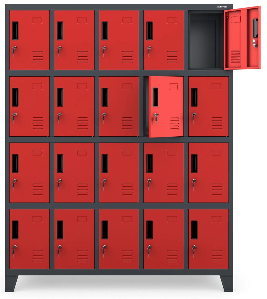Šatní skříň s 20 uzamykatelnými boxy, antracit/červená, 1360x1720x450 mm: ROBERT
