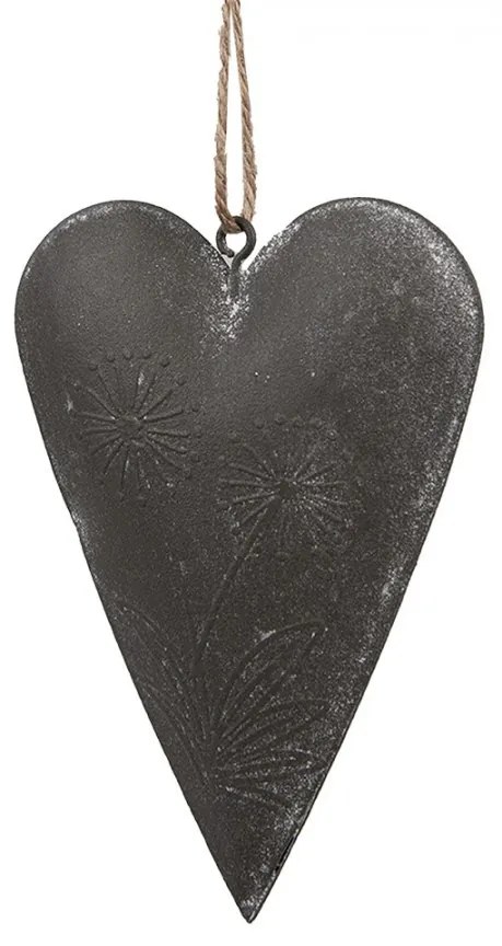 Šedé plechové ozdobné závěsné srdce s květinou - 11*2*8 cm