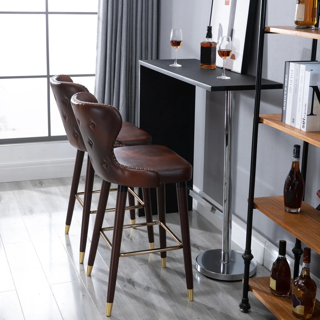 HOMCOM Barová židle sada 2 ks elegantní bistro židle s podnožkou a opěradlem, jídelní židle PU hnědá 52x53x101cm