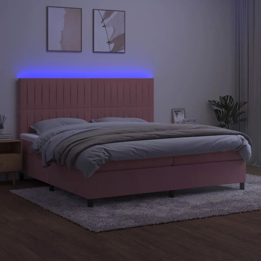 Box spring postel s matrací a LED růžová 200x200 cm samet 3136268