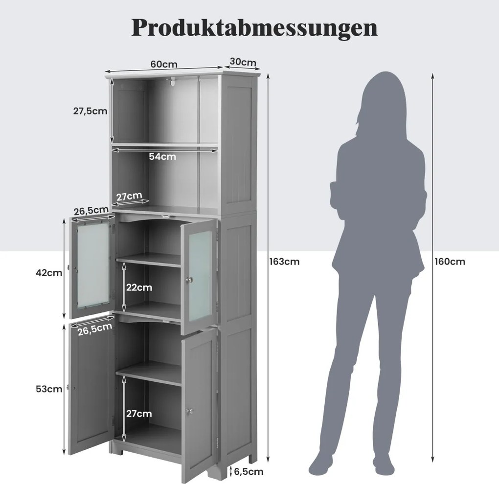 Costway 163 cm vysoká koupelnová skříňka volně stojící úložná se skleněnými