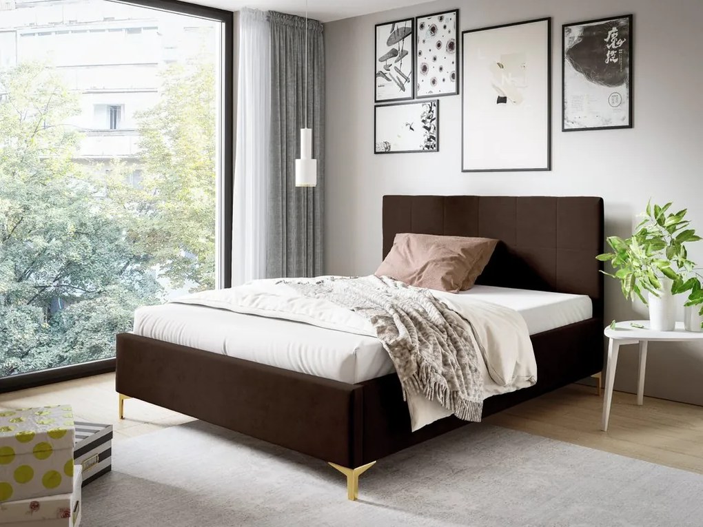 Eka Čalouněná postel SMART+ 90x200 cm Barva látky Trinity: Tmavě hnědá (Trinity 2308), Úložný prostor: S dřevěným rámem úložného prostoru, Barva nožek postele: Černá