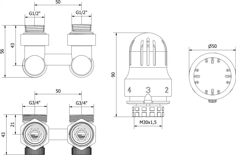 Mexen G04, úhlová termostatická sada 1/2"x3/4" DN50 s termostatickou hlavicí M30x1,5 mm, ocelová, W911-012-948-01