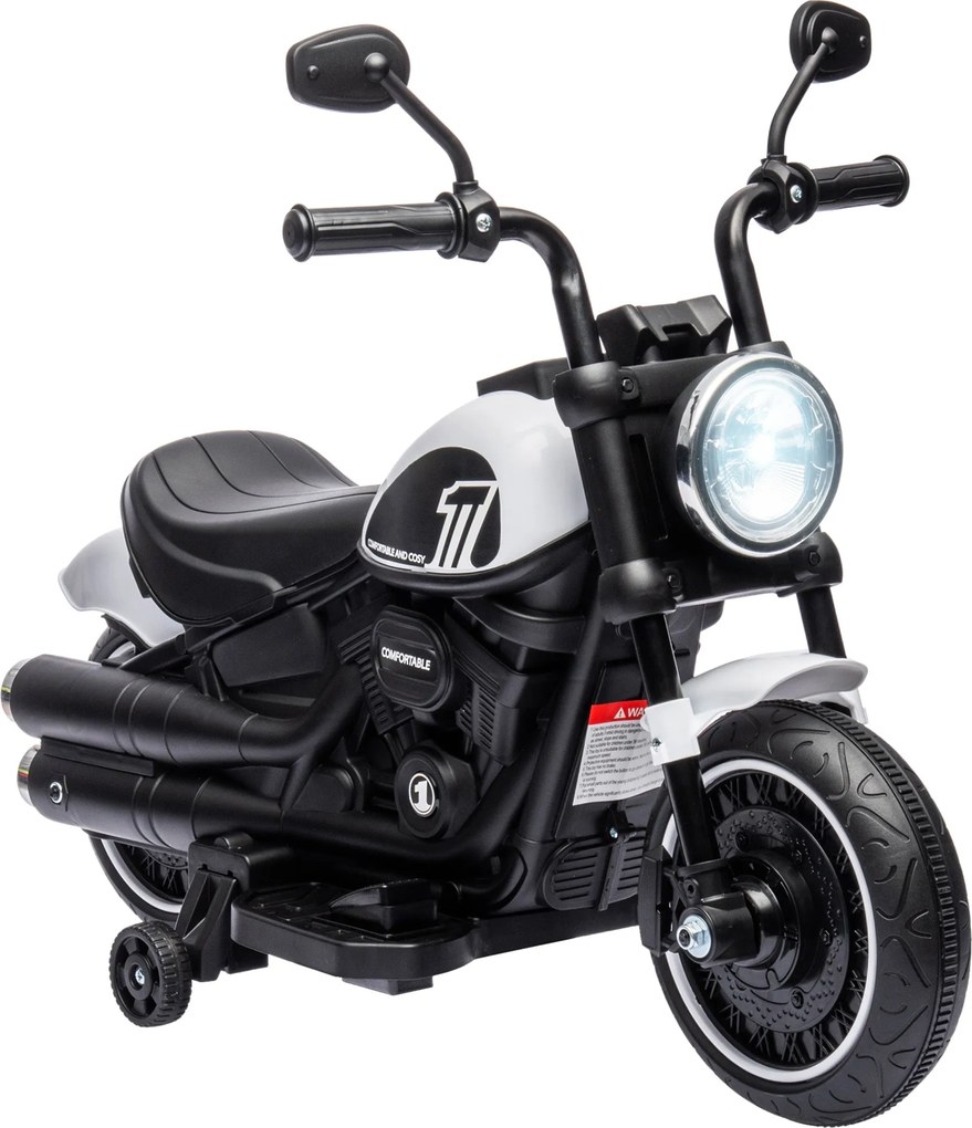 Dětská motorka HOMCOM - Elektrická motorka pro děti s 2 odnímatelnými tréninkovými koly, 3 km/h, pro děti od 1,5 do 3 let, Bílá, 76 x 42 x 57 cm | Aos