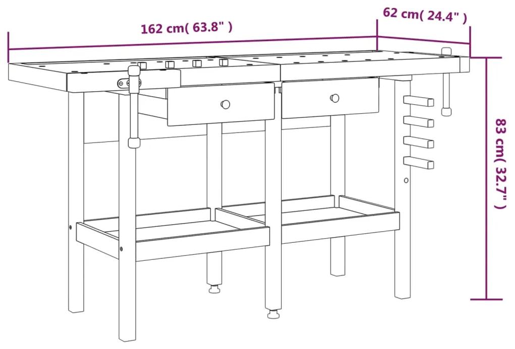 Pracovní stůl se zásuvkami a svěráky 162x62x83cm masivní akácie,  153323
