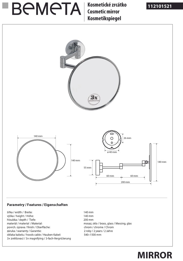 Bemeta Design OMEGA: Kosmetické zrcátko, ø 140 mm, jednostranné - 112101521