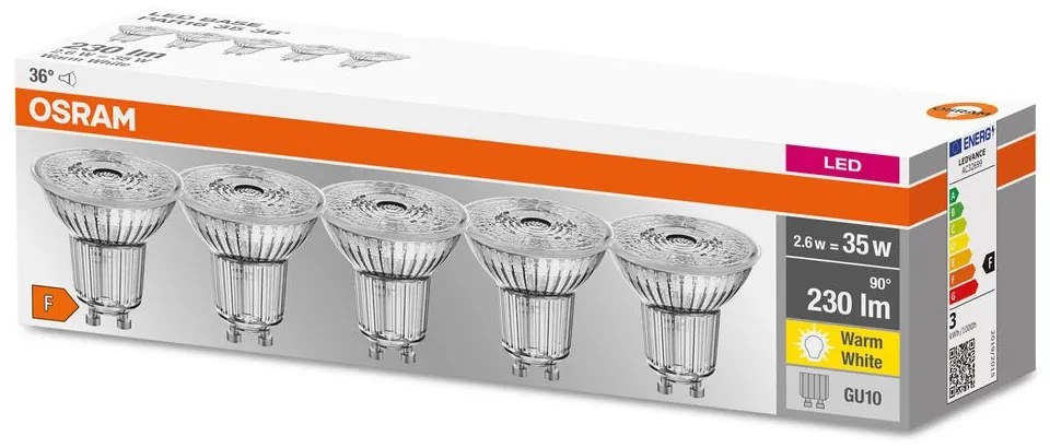 5 ks kvalitní LED bodovka GU10 2,6 W PAR16 BASE teplá bílá