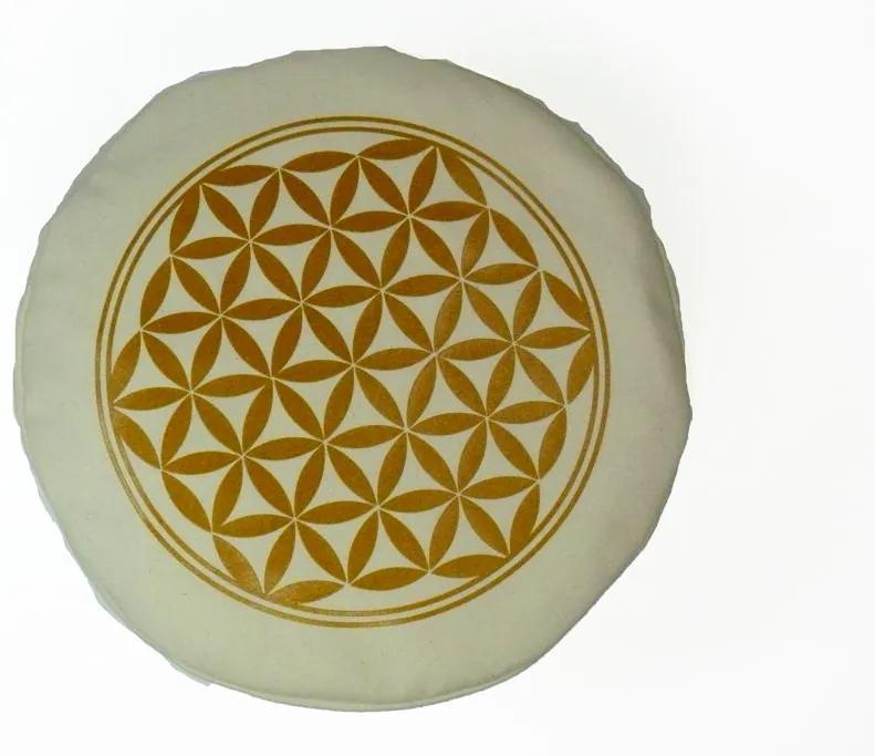 S radostí - vlastní výroba Meditační polštář  se zlatým Květem života - krémový Velikost: ∅30 x v12 cm