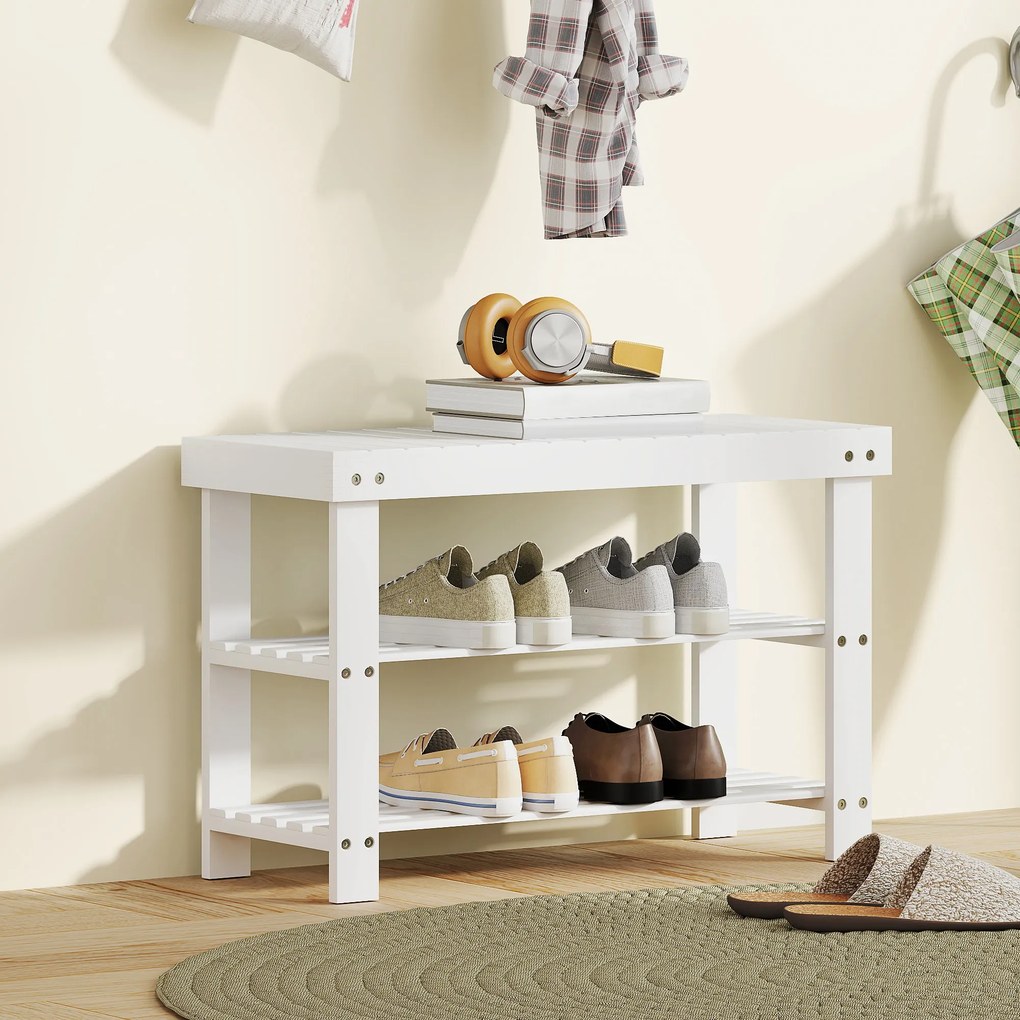 HOMCOM Bambusová botníková lavička se sedadlem, 3-patrový organizér na boty pro 6 párů do předsíně, obývacího pokoje nebo ložnice 70x28x45 cm Bílá