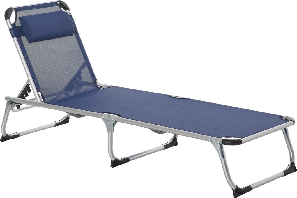 Skvělý skládací venkovní lehátko Outsunny s opěrkou hlavy, zahradní lehátko s nastavitelným opěradlem z hliníku 60x165x76 cm Tmavě modrá | Aosom
