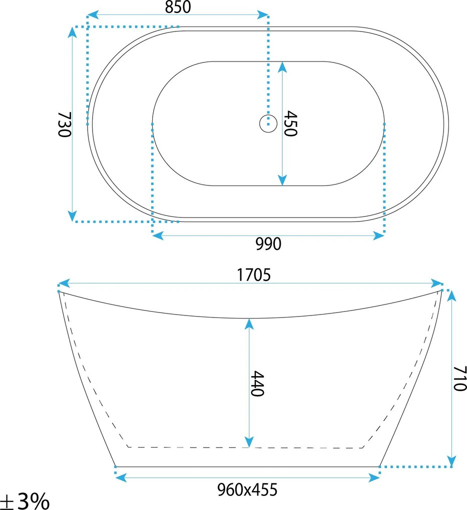 Rea Ferrano Slim, volně stojící vana 170x73 cm, imitace kamene, bílý click-clack, REA-W0505