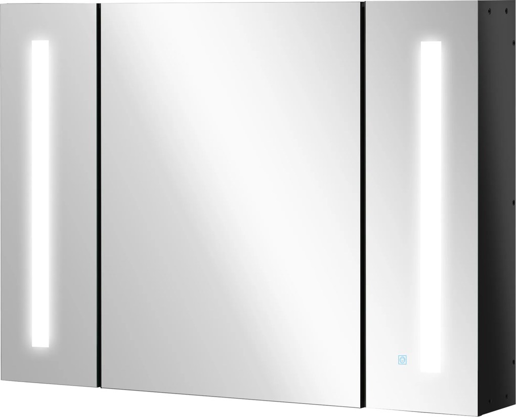 kleankin Koupelnová zrcadlová skříňka na stěnu z MDF se 3 skříňkami, 3 policemi a LED světlem, 90x15x65 cm, černá