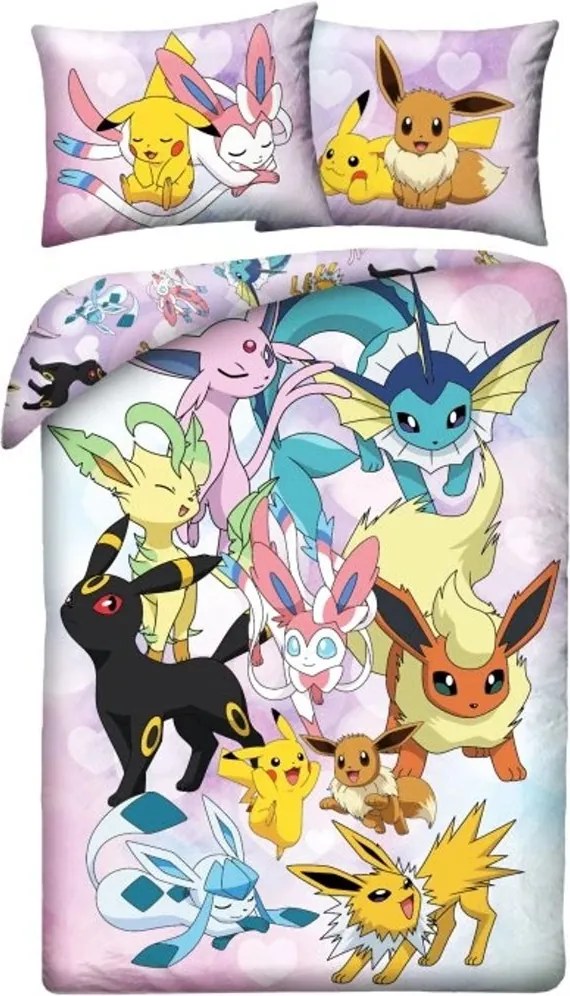 Ložní povlečení z mikrovlákna Pokémoni - motiv Pikachu a Eeveelutions - 135x200 cm + 80x80 cm