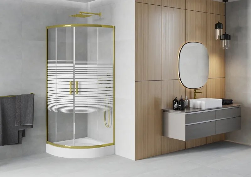 Mexen Rio, čtvrtkruhový sprchový kout 70(dveře)x70(dveře)x190 cm, 5mm čiré sklo s pásky, zlatý profil + bílá sprchová vanička RIO, 863-070-070-50-20-4710