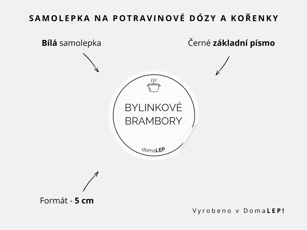 BYLINKOVÉ BRAMBORY - omyvatelná samolepka na kořenky, výběr rozměrů Ø 5 cm / 5 x 5 cm / 6 x 8 cm | DomaLEP tvar: ČTVEREC, barva: BÍLÁ - ČERNÉ písmo, velikost: š. 5 cm x v. 5 cm - tučné písmo