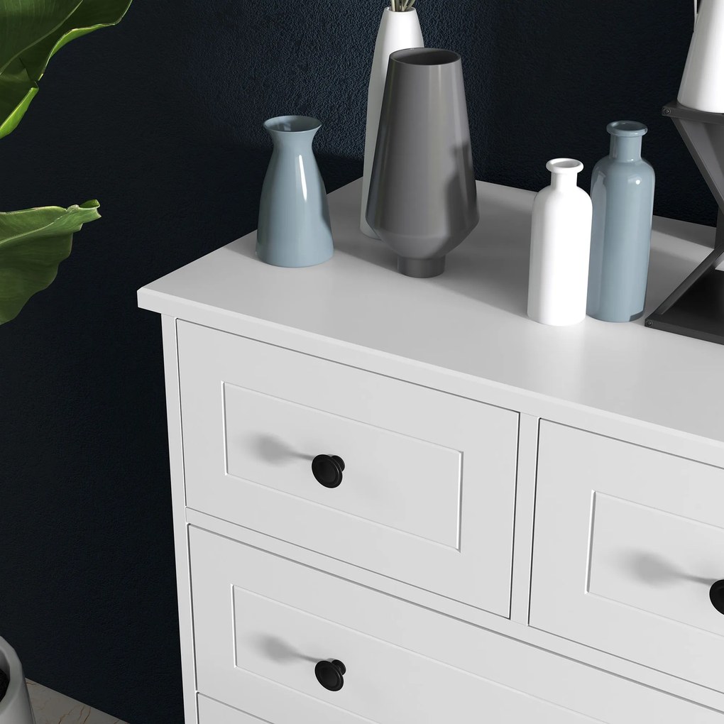 HOMCOM Bílá komoda s 5 šuplíky a úchyty vysoká komoda pro obývací pokoj, kancelář, studijní prostory moderní styl 74x40x91 cm