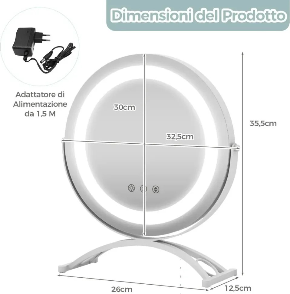 Kosmetické zrcadlo s LED osvětlením, stmívatelné, bílé, průměr 30 cm HU10611DE-WH